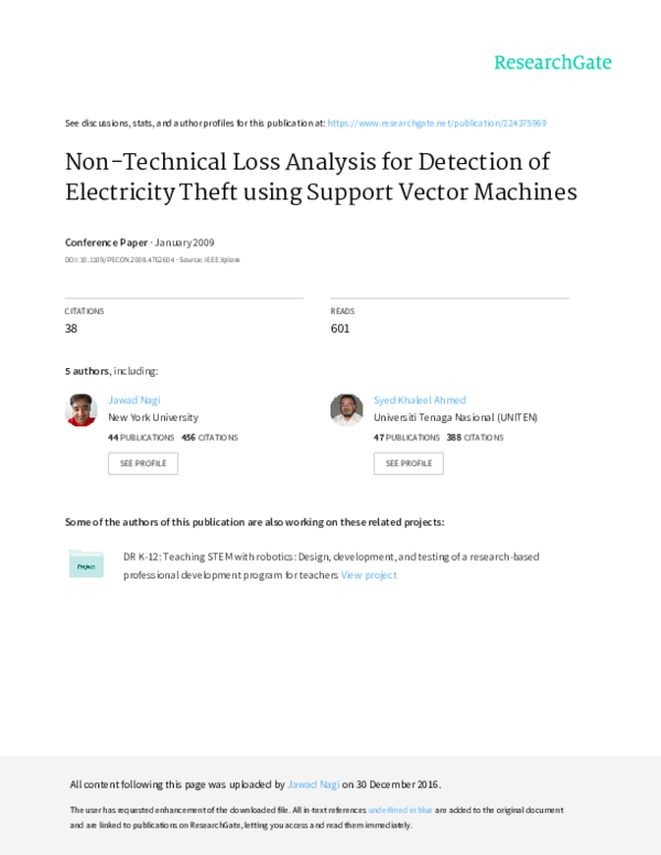 (PDF) Non-Technical Loss analysis for detection of electricity theft using support vector machines