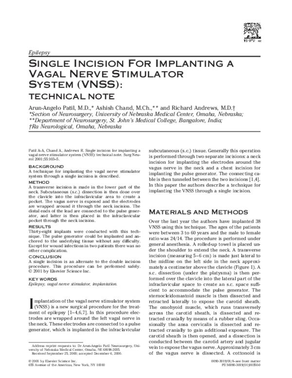 (PDF) Single incision for implanting a vagal nerve stimulator system (vnss)