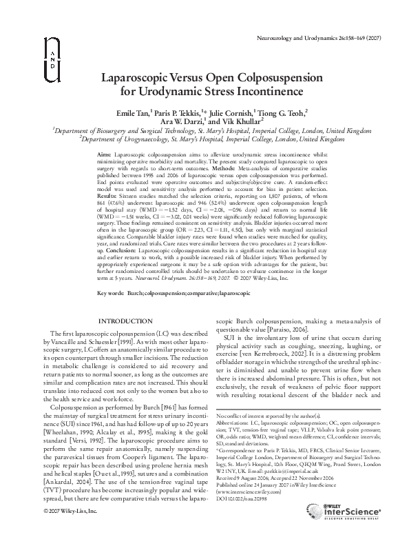 (PDF) Laparoscopic versus open colposuspension for urodynamic stress ...