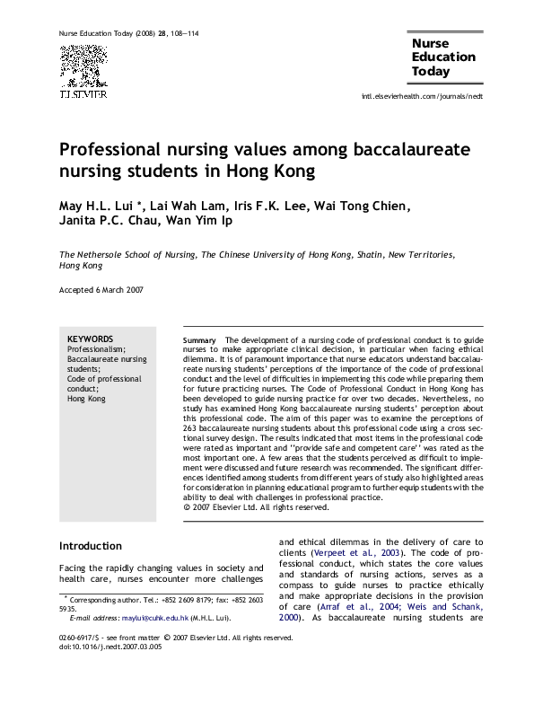 (PDF) Professional nursing values among baccalaureate nursing students ...