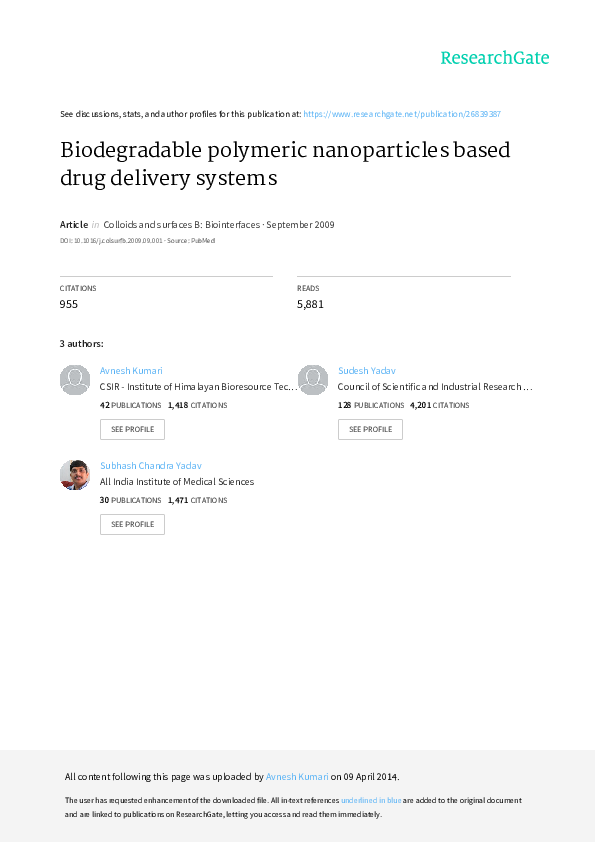 Pdf Biodegradable Polymeric Nanoparticles Based Drug Delivery Systems