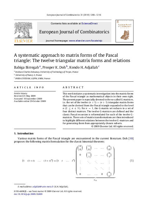 Pdf A Systematic Approach To Matrix Forms Of The Pascal Triangle The Twelve Triangular Matrix