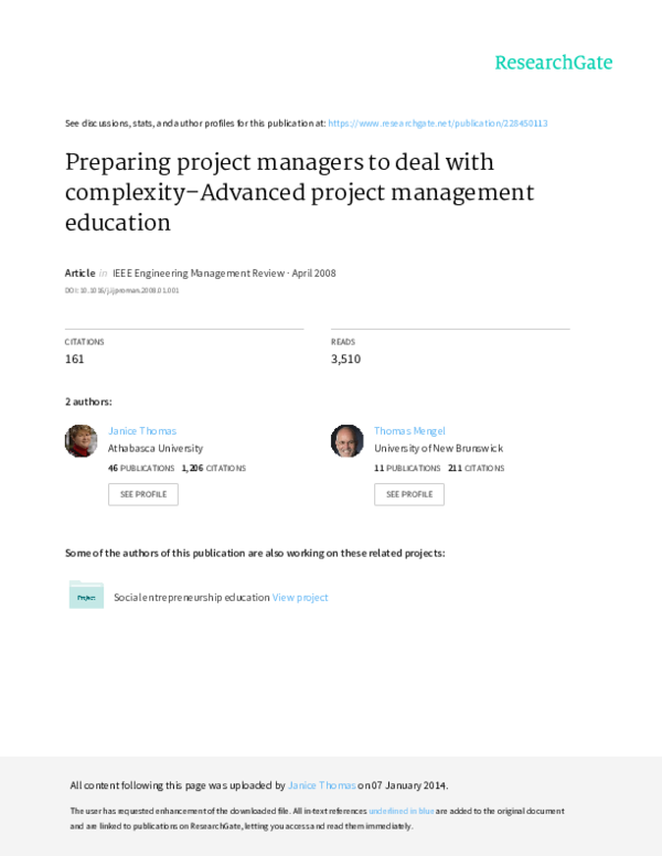 Pdf Preparing Project Managers To Deal With Complexity Advanced Project Management Education