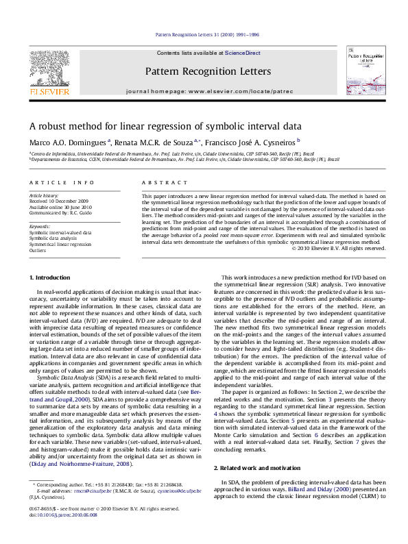 Pdf A Robust Method For Linear Regression Of Symbolic Interval Data