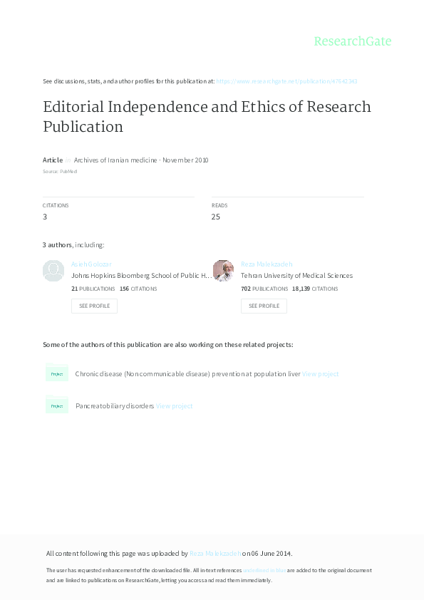 (PDF) Editorial independence and ethics of research publication