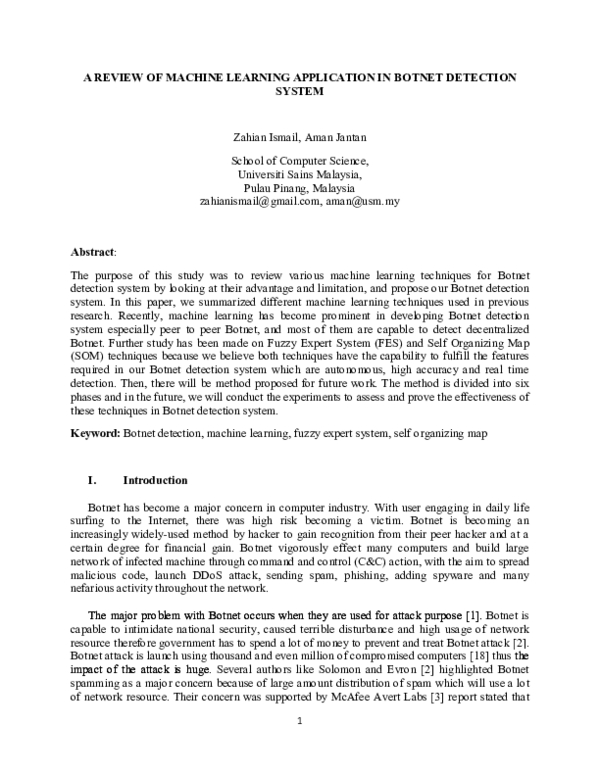 Pdf A Review Of Machine Learning Application In Botnet Detection System