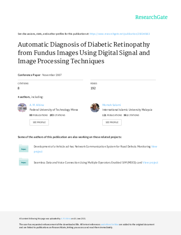 (PDF) Automatic Diagnosis of Diabetic Retinopathy from Fundus Images Using Digital Signal and ...
