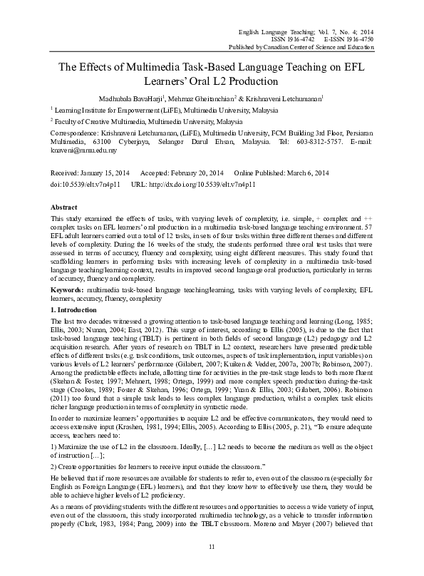 (PDF) The Effects of Multimedia Task-Based Language Teaching on EFL Learners' Oral L2 Production