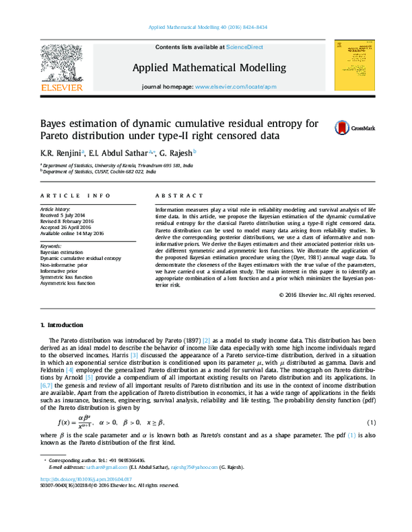(PDF) Bayes estimation of dynamic cumulative residual entropy for ... (PDF) Bayes estimation of dynamic cumulative residual entropy for ...