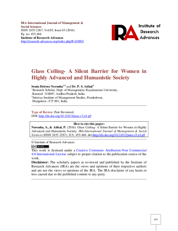 (PDF) Glass Ceiling-A Silent Barrier for Women in Highly Advanced and ...