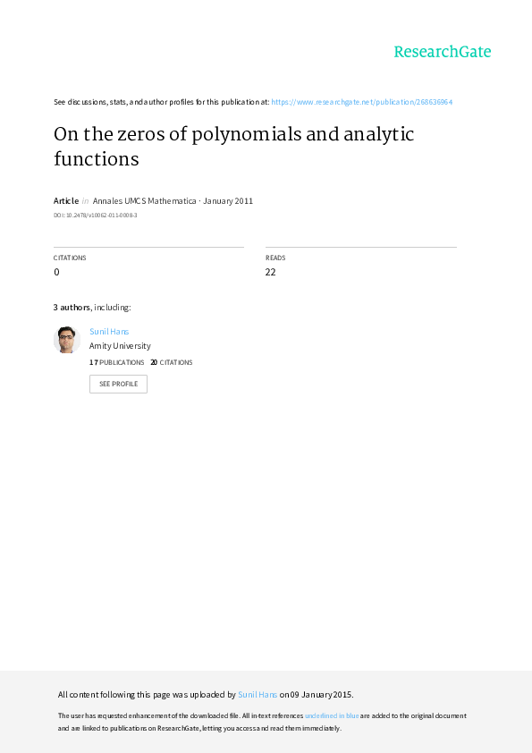 (PDF) On the zeros of polynomials and analytic functions