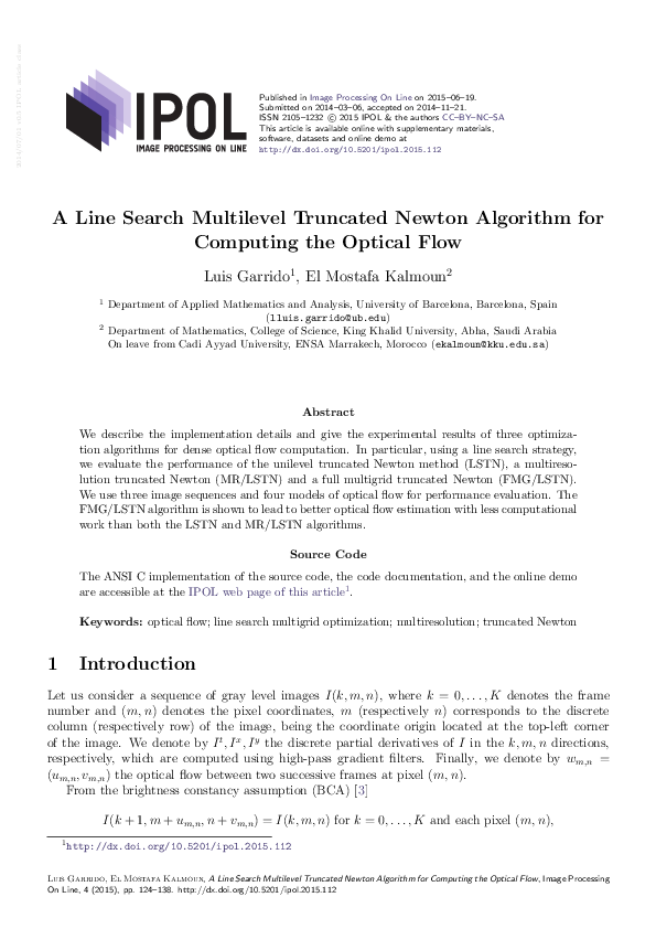 (PDF) A Line Search Multilevel Truncated Newton Algorithm for Computing the Optical Flow