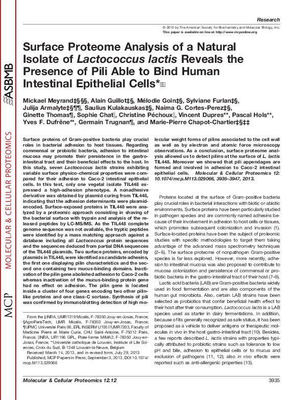 Pdf Surface Proteome Analysis Of A Natural Isolate Of Lactococcus