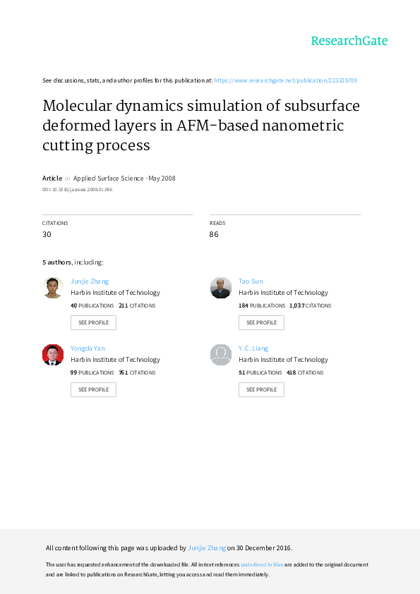 (PDF) Molecular dynamics simulation of subsurface deformed layers in AFM-based nanometric ...