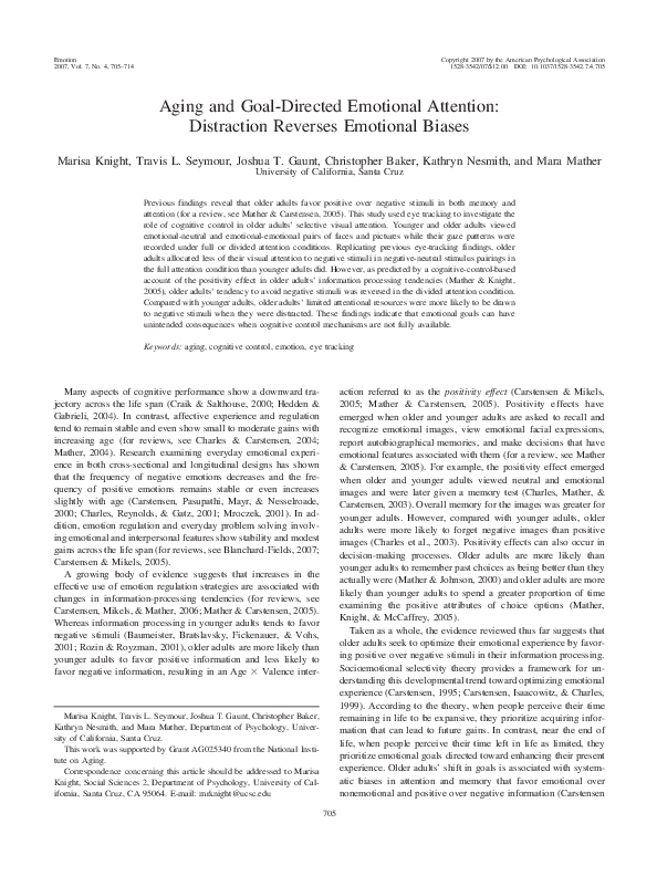 (PDF) Aging and goal-directed emotional attention: Distraction reverses ...