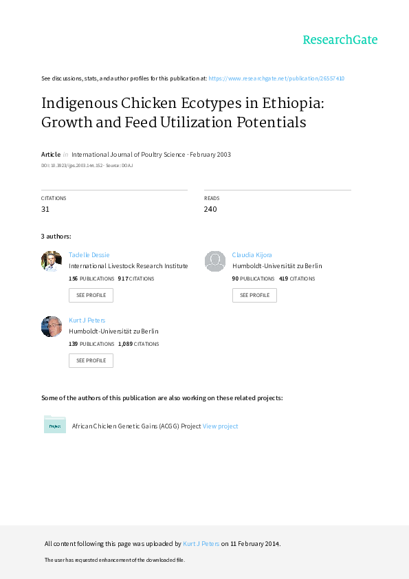 (PDF) Indigenous Chicken Ecotypes in Ethiopia: Growth and Feed Utilization Potentials