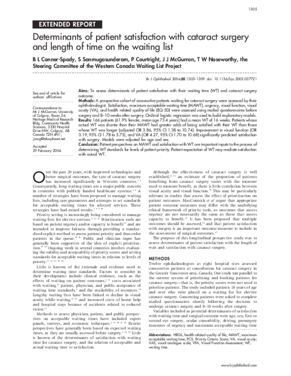 Pdf Determinants Of Patient Satisfaction With Cataract Surgery And Length Of Time On The