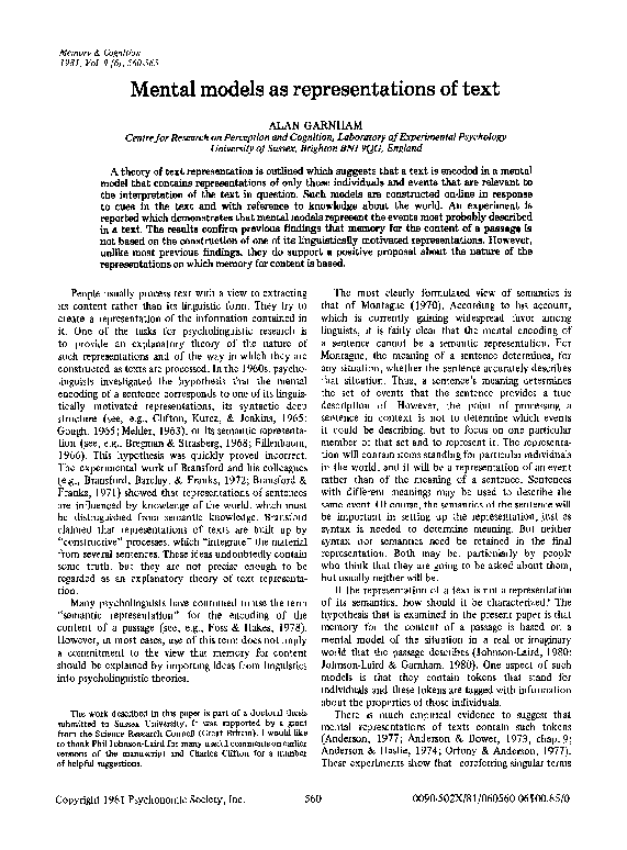 (PDF) Mental models as representations of text