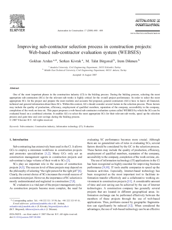 (PDF) Improving sub-contractor selection process in construction ...