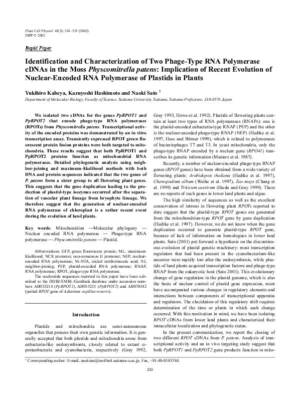 (PDF) Identification and characterization of two phage-type RNA polymerase cDNAs in the moss ...