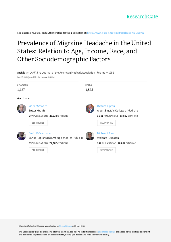 (PDF) Prevalence of migraine headache in the United States