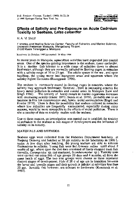 (PDF) Effects of salinity and pre-exposure on acute cadmium toxicity to ...
