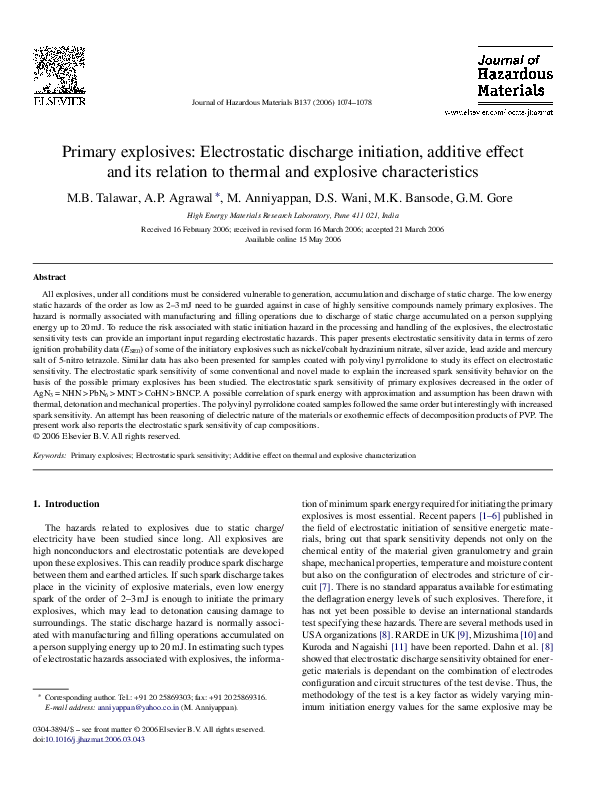(PDF) Primary explosives: Electrostatic discharge initiation, additive ...