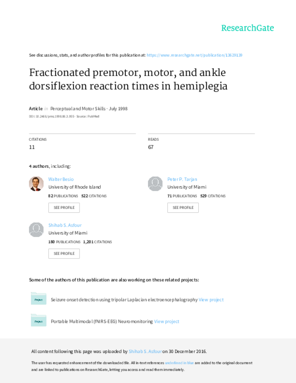 (PDF) Fractionated Premotor, Motor, and Ankle Dorsiflexion Reaction Times in Hemiplegia