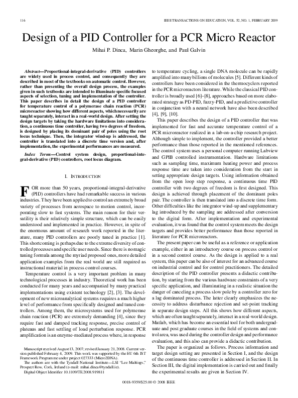 (PDF) Design of a PID Controller for a PCR Micro Reactor