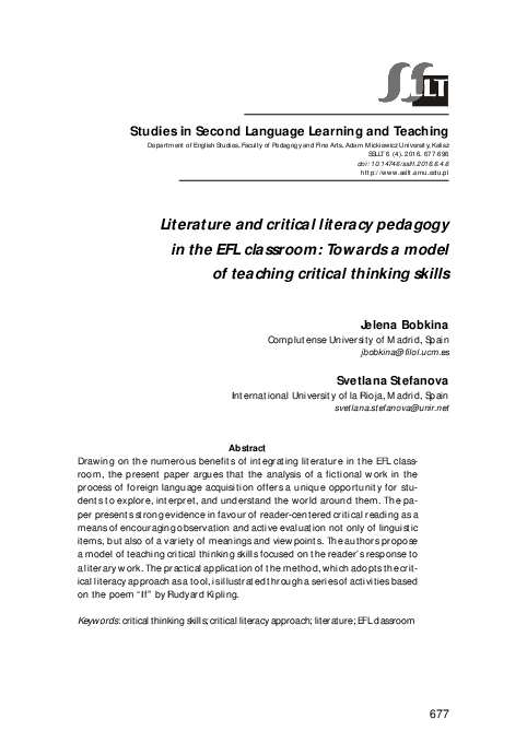 (PDF) Literature and critical literacy pedagogy in the EFL classroom ...