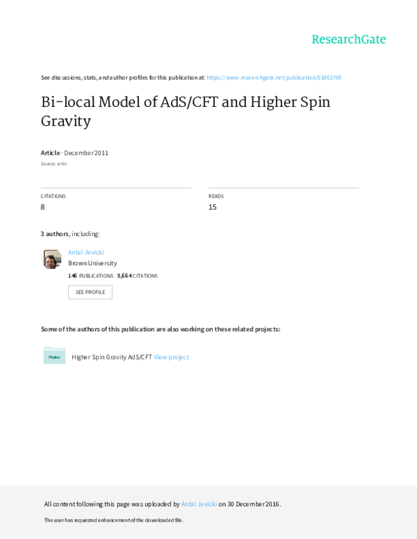 (PDF) Bi-local Model of AdS/CFT and Higher Spin Gravity