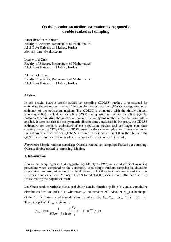 Pdf On The Population Median Estimation Using Quartile Double Ranked Set Sampling