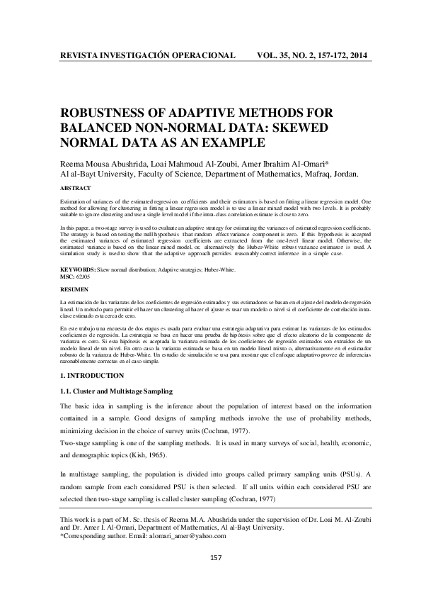 (PDF) ROBUSTNESS OF ADAPTIVE METHODS FOR BALANCED NON-NORMAL DATA ...