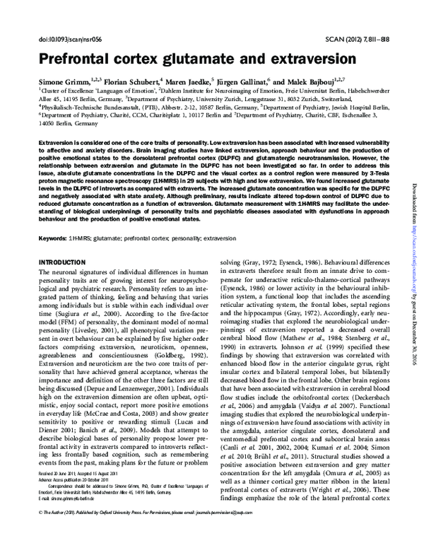 (PDF) Prefrontal cortex glutamate and extraversion