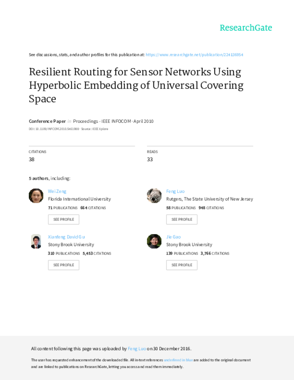 Pdf Resilient Routing For Sensor Networks Using Hyperbolic Embedding Of Universal Covering Space