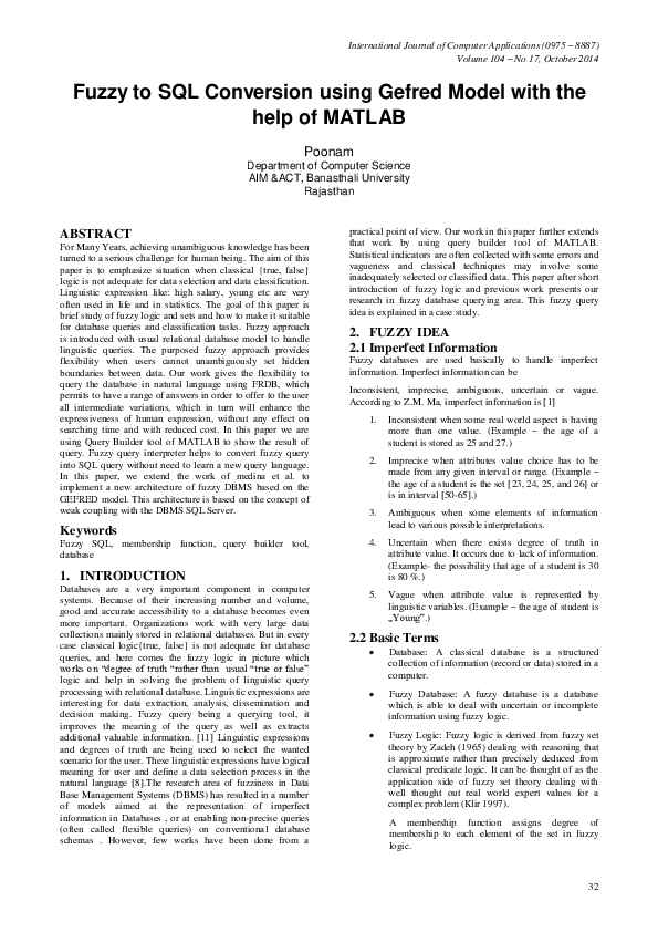 Pdf Fuzzy To Sql Conversion Using Gefred Model With The Help Of Matlab