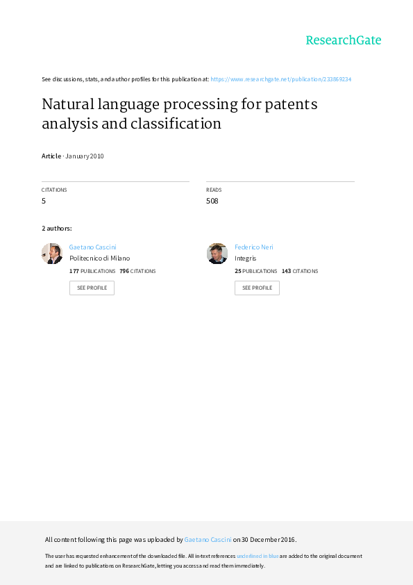 (PDF) Natural Language Processing for patents analysis and classification