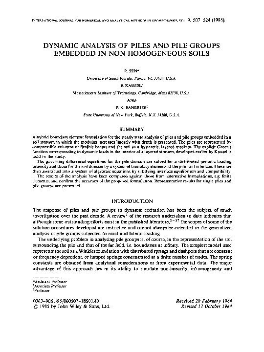 (PDF) Dynamic analysis of piles and pile groups embedded in homogeneous soils
