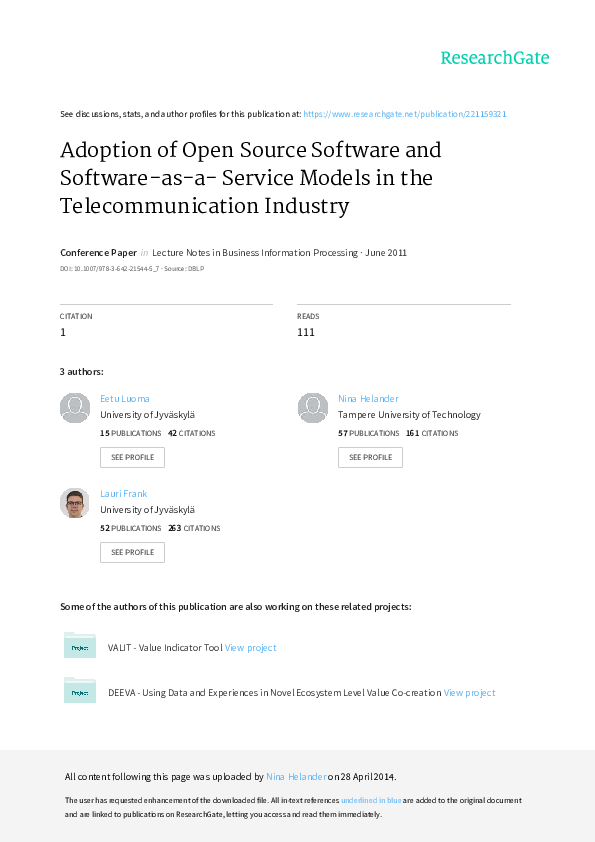 Pdf Adoption Of Open Source Software And Software As A Service Models In The Telecommunication