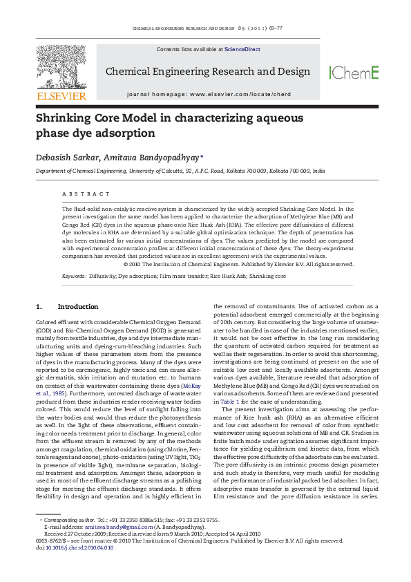 (PDF) Shrinking Core Model in characterizing aqueous phase dye adsorption