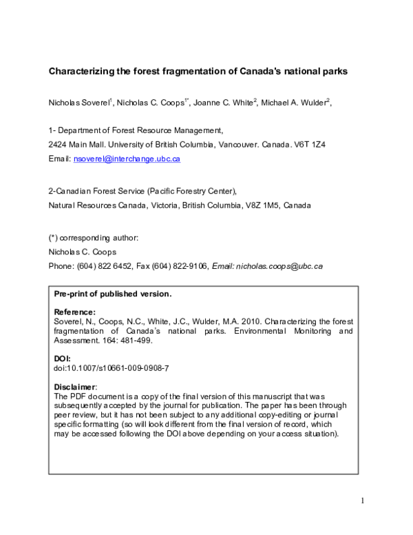 (PDF) Characterizing the forest fragmentation of Canada's national parks