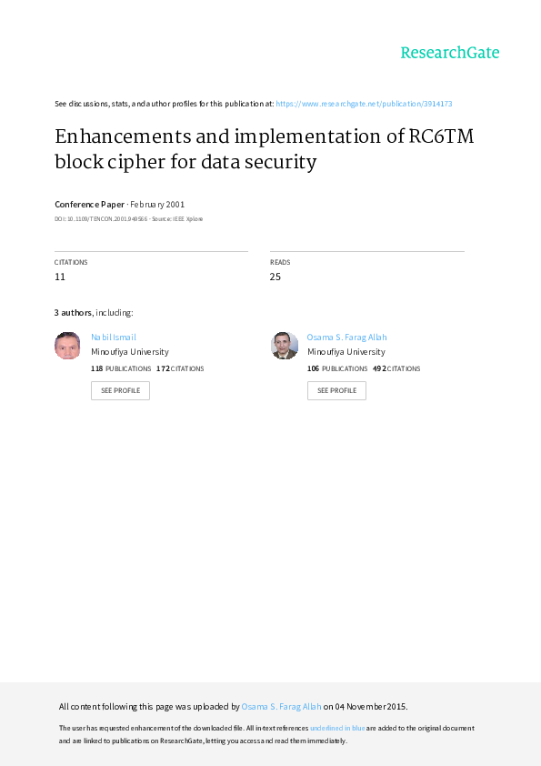 (PDF) Enhancements and implementation of RC6TM block cipher for data security