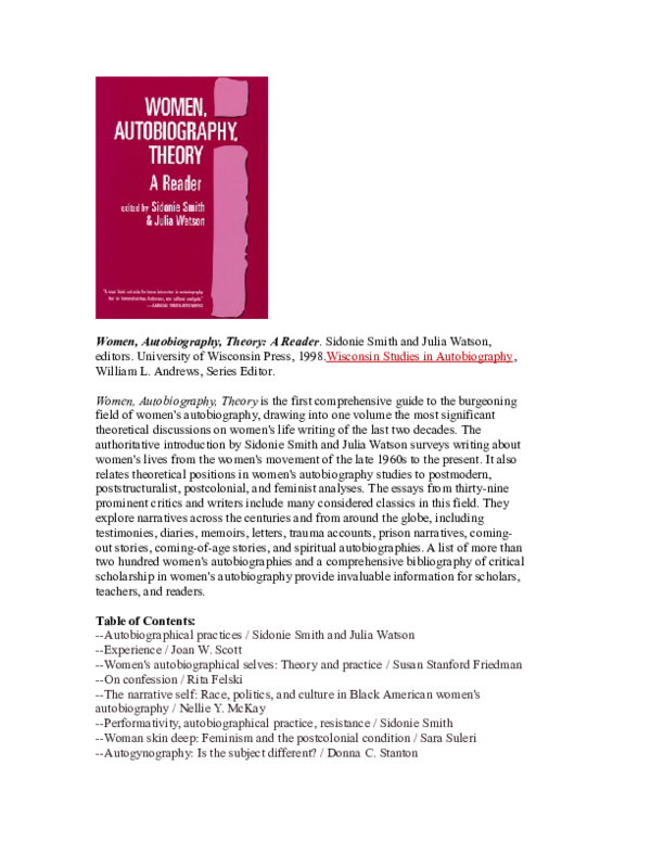 (DOC) Women, Autobiography, Theory: A Reader (abstract and TOC)