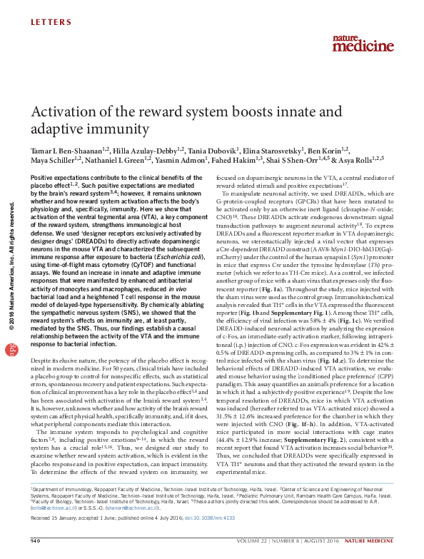 (PDF) Activation of the reward system boosts innate and adaptive immunity