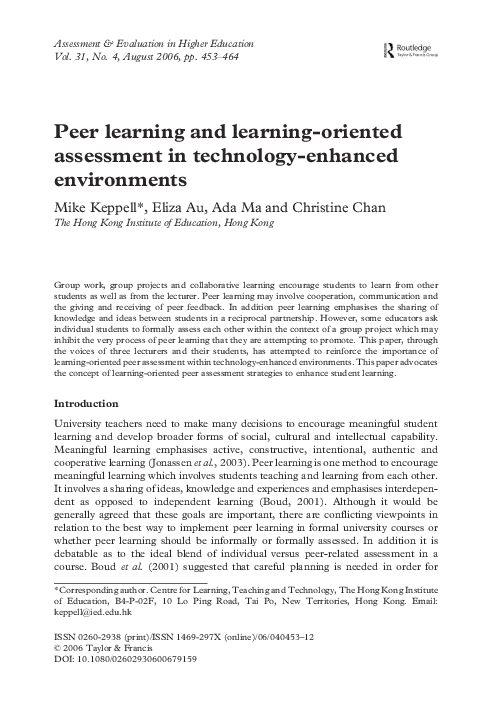 Pdf Peer Learning And Learning Oriented Assessment In Technology