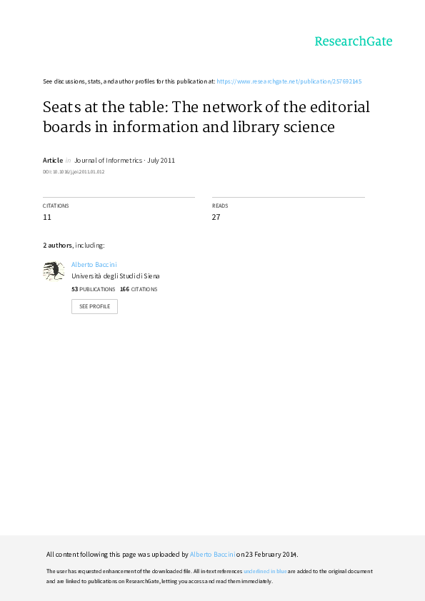 (PDF) Seats at the table: The network of the editorial boards in information and library science