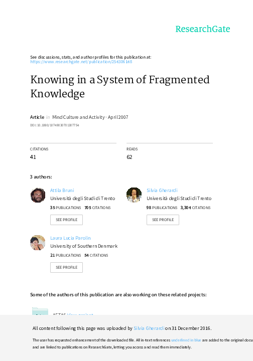 (PDF) Knowing In a System of Fragmented Knowledge