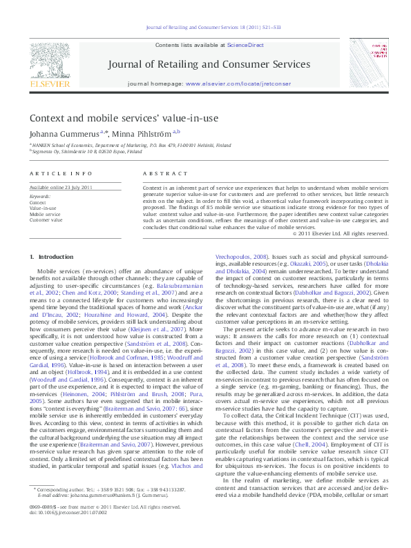 (PDF) Context and mobile services' value-in-use