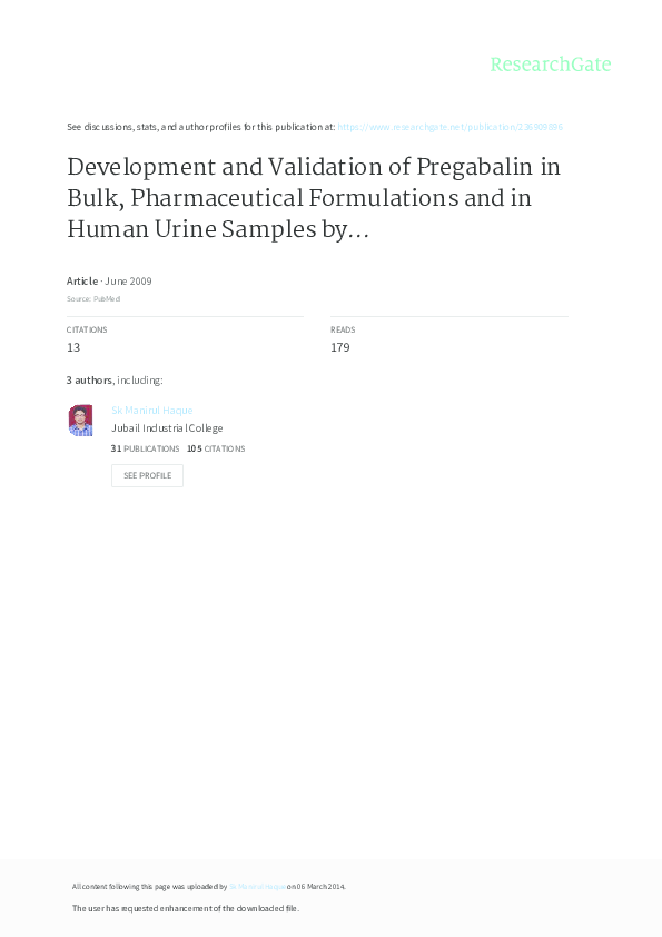 (PDF) Development and Validation of Pregabalin in Bulk, Pharmaceutical Formulations and in Human ...