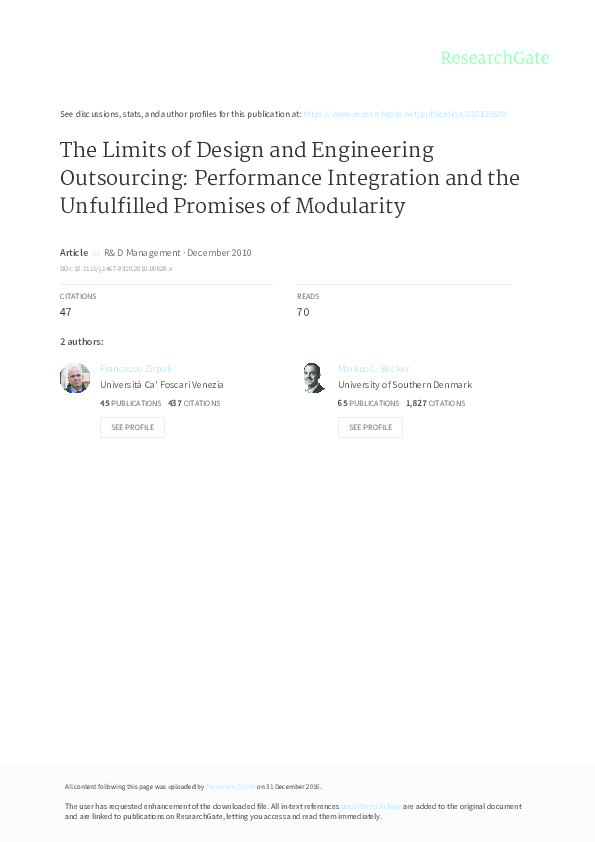 (PDF) The limits of design and engineering outsourcing: performance ...